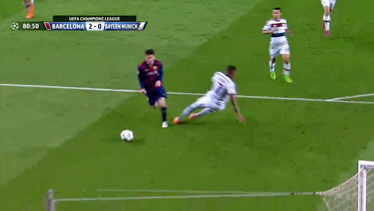 Lionel Messi puts a defender on the ground with a juke, scores a ...